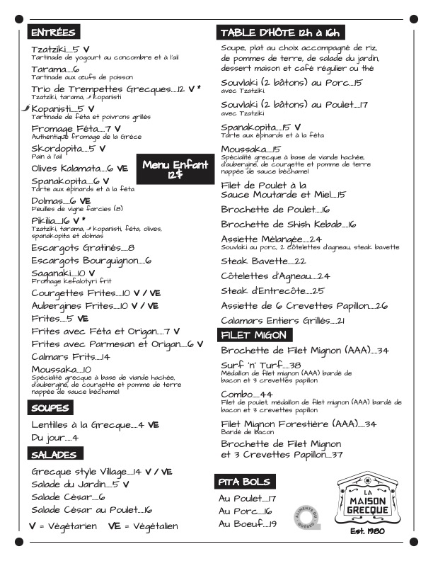 Menu Complet | La Maison Grecque