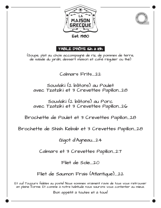 Menu Complet | La Maison Grecque